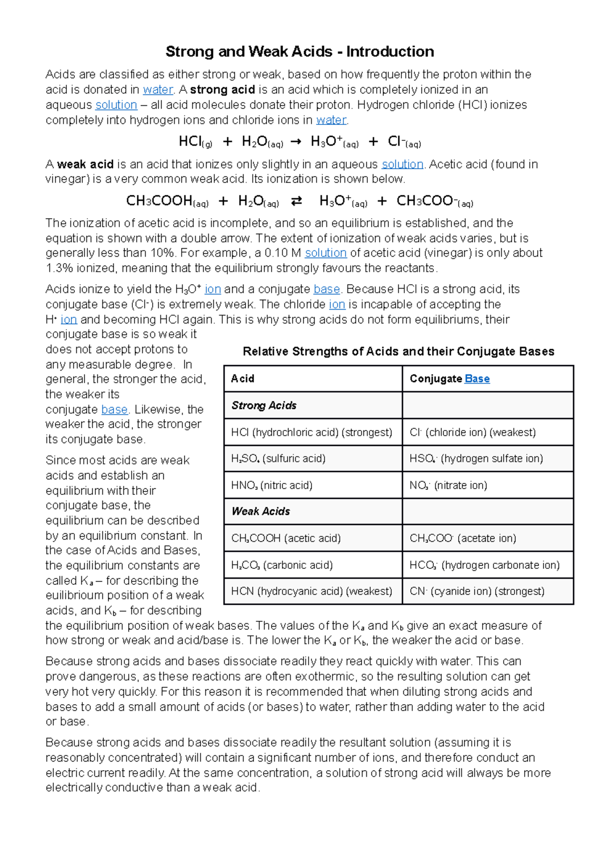 Strong and Weak Acids Introduction - Strong and Weak Acids ...