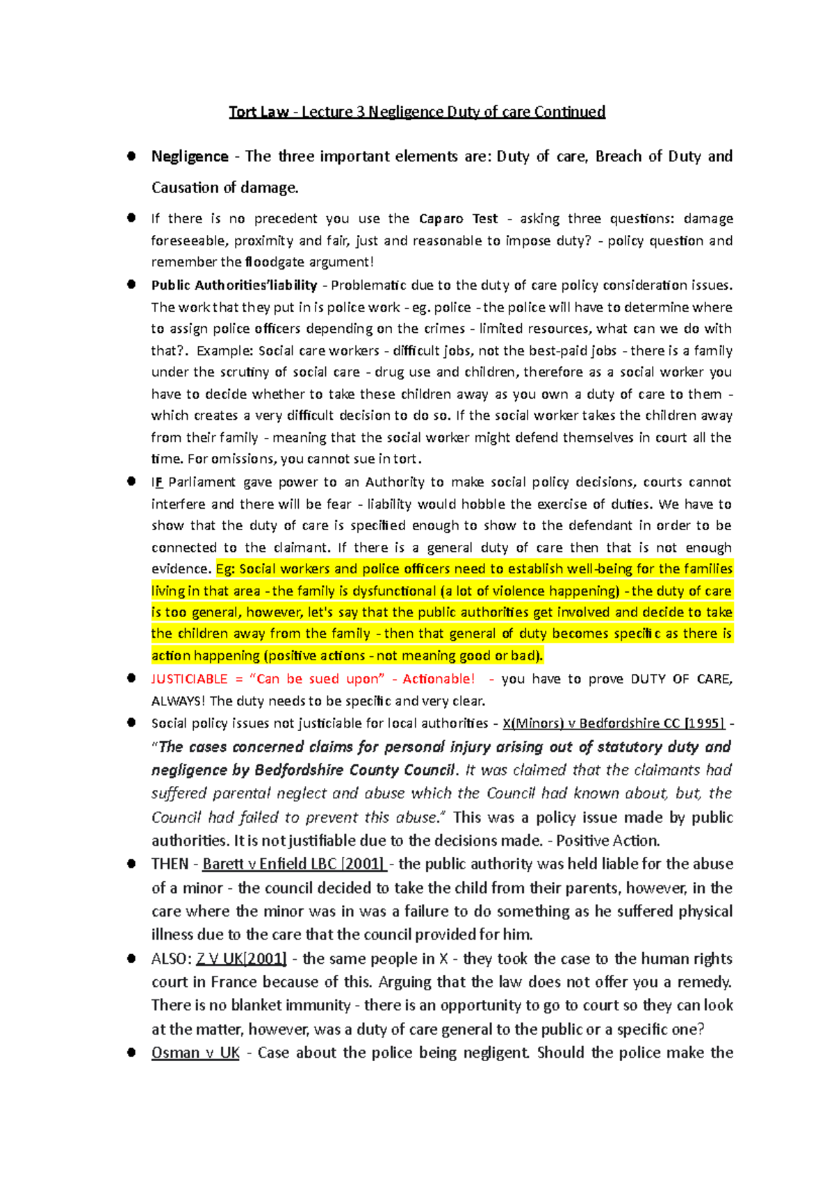 Tort Law - Lecture 3 - If there is no precedent you use the Caparo Test ...