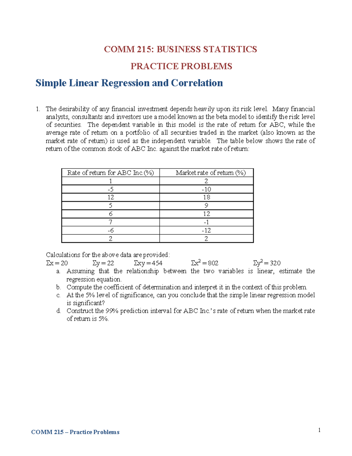 Linear Regression - COMM 215 – Practice Problems 1 The desirability of ...