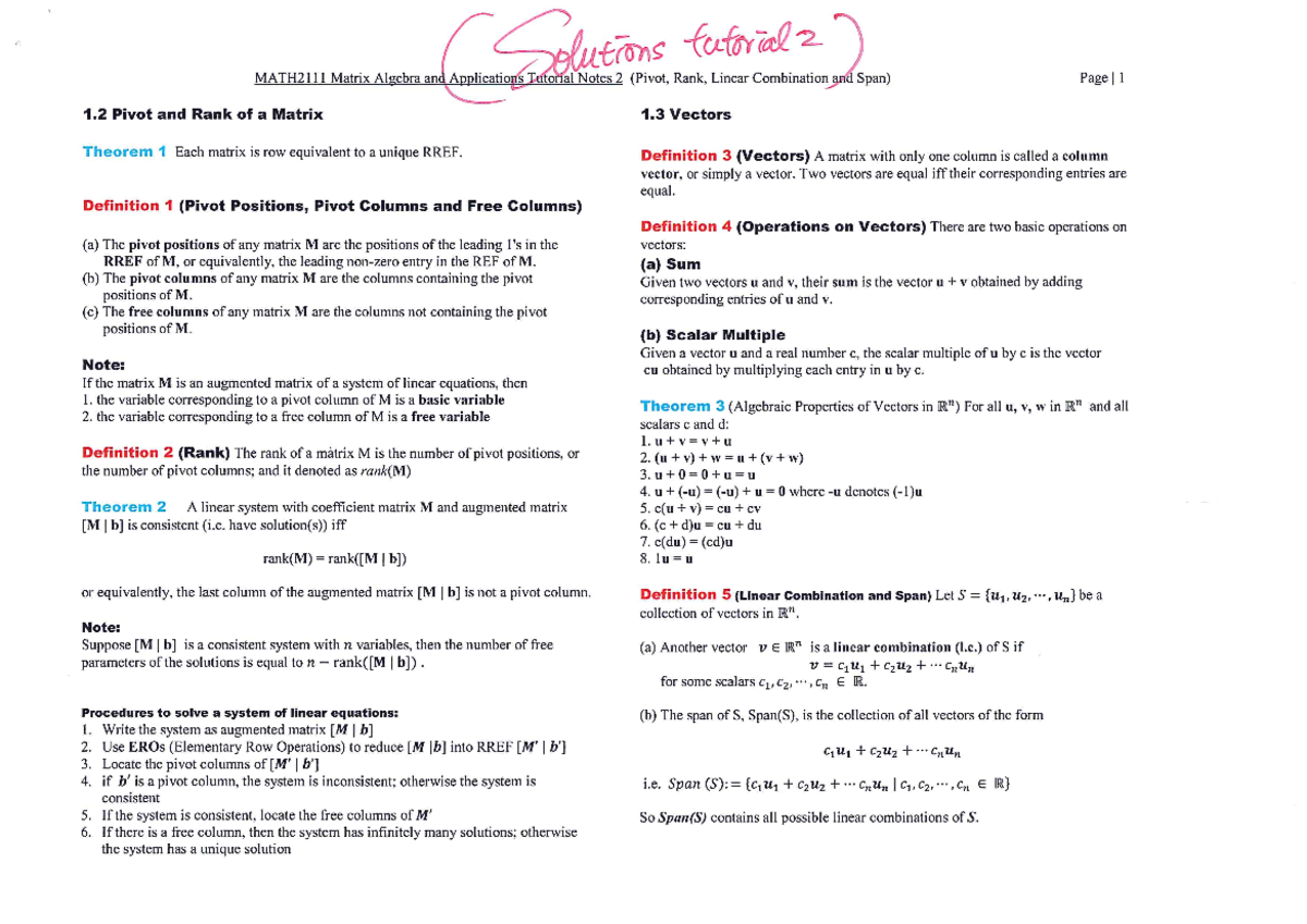 Solutions to MATH 2111 (Tutorial Notes 2) (Pivot, Rank, Linear ...