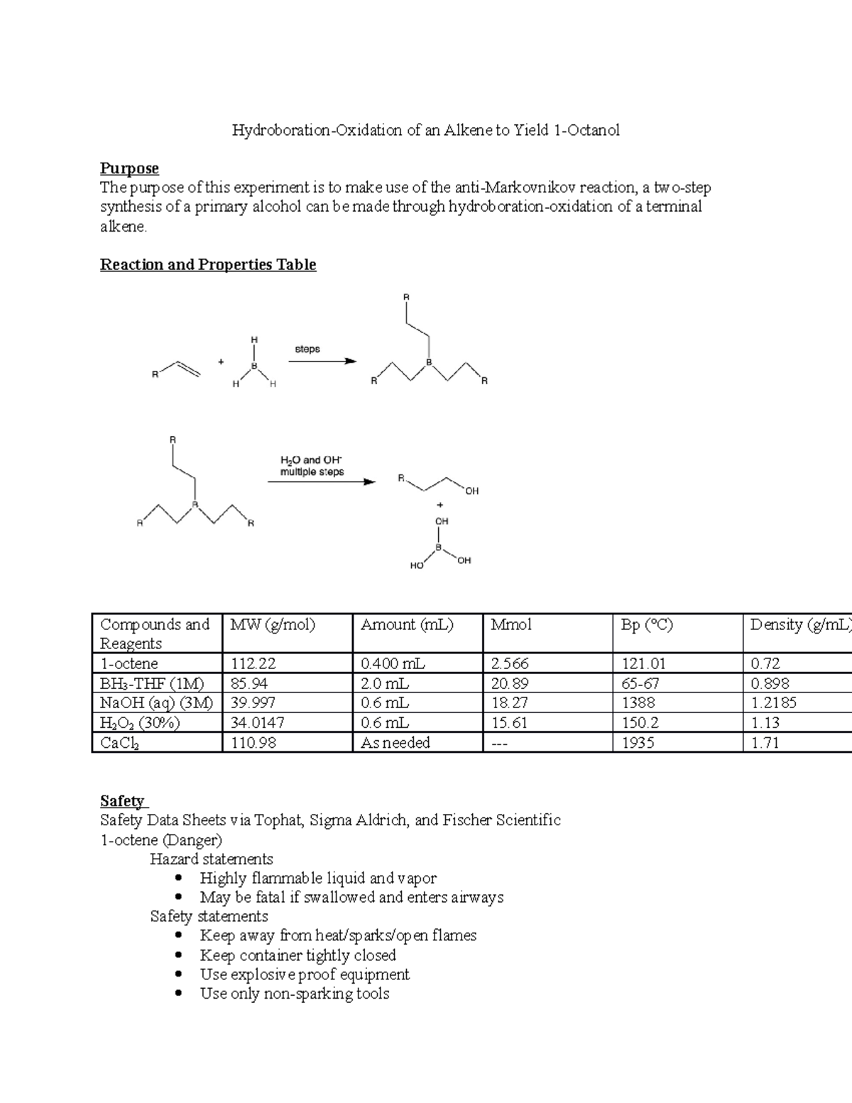 Lab 3- Ochem 2 - Hydroboration-Oxidation of an Alkene to Yield 1 ...