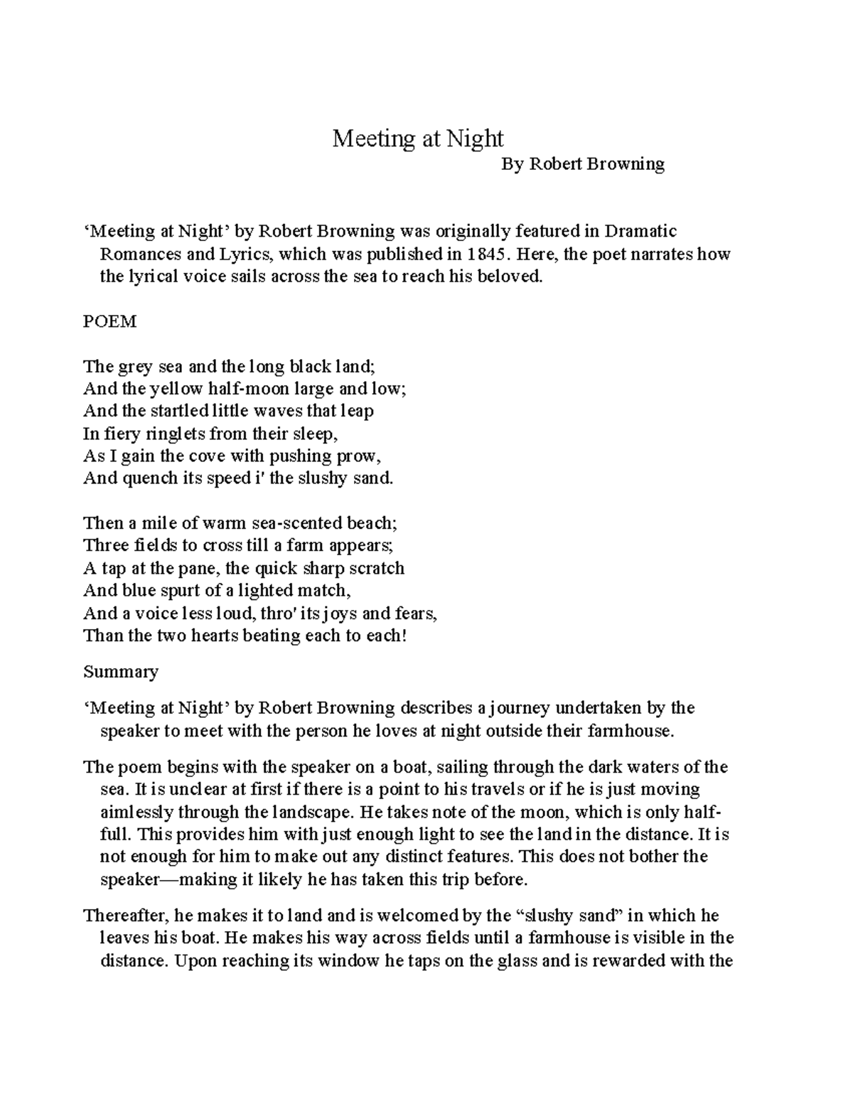 Meeting at Night by Robert Browning - Meeting at Night By Robert ...