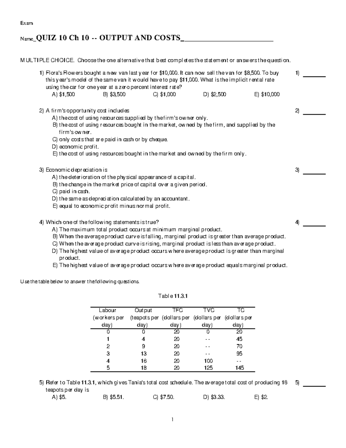QUIZ 10 Ch 10 - Output AND Costs - Exam Name_QUIZ 10 Ch 10 - OUTPUT AND ...