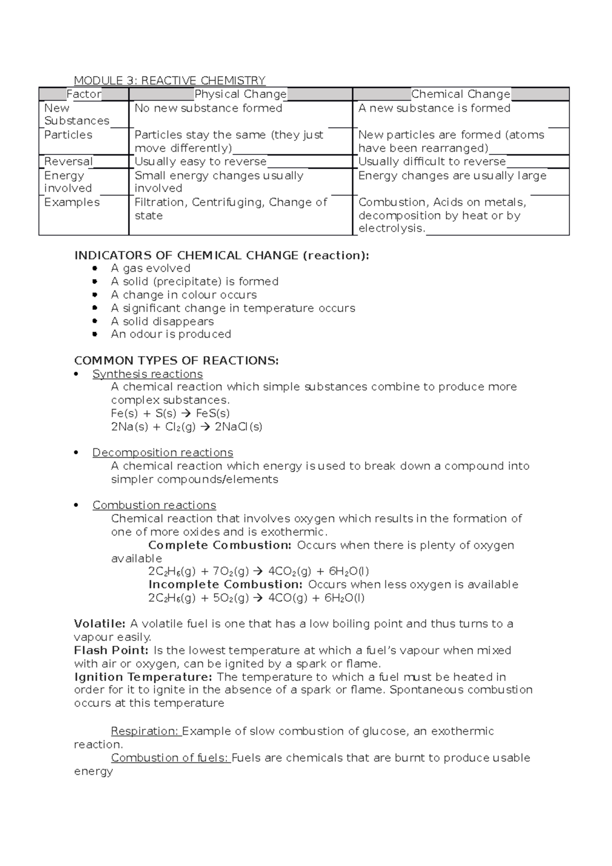 Module 3 - CHEM Notes - MODULE 3: REACTIVE CHEMISTRY Factor Physical ...