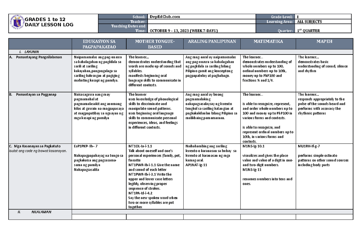 DLL ALL Subjects 1 Q1 W7 D1 - GRADES 1 to 12 DAILY LESSON LOG School: DepEdClub Grade Level: I ...