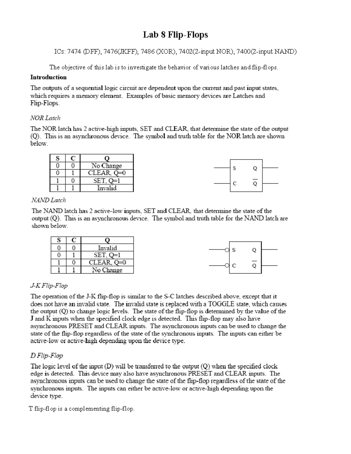 Lab8 - Notes fro. class - Lab 8 Flip-Flops ICs: 7474 (DFF), 7476(JKFF ...
