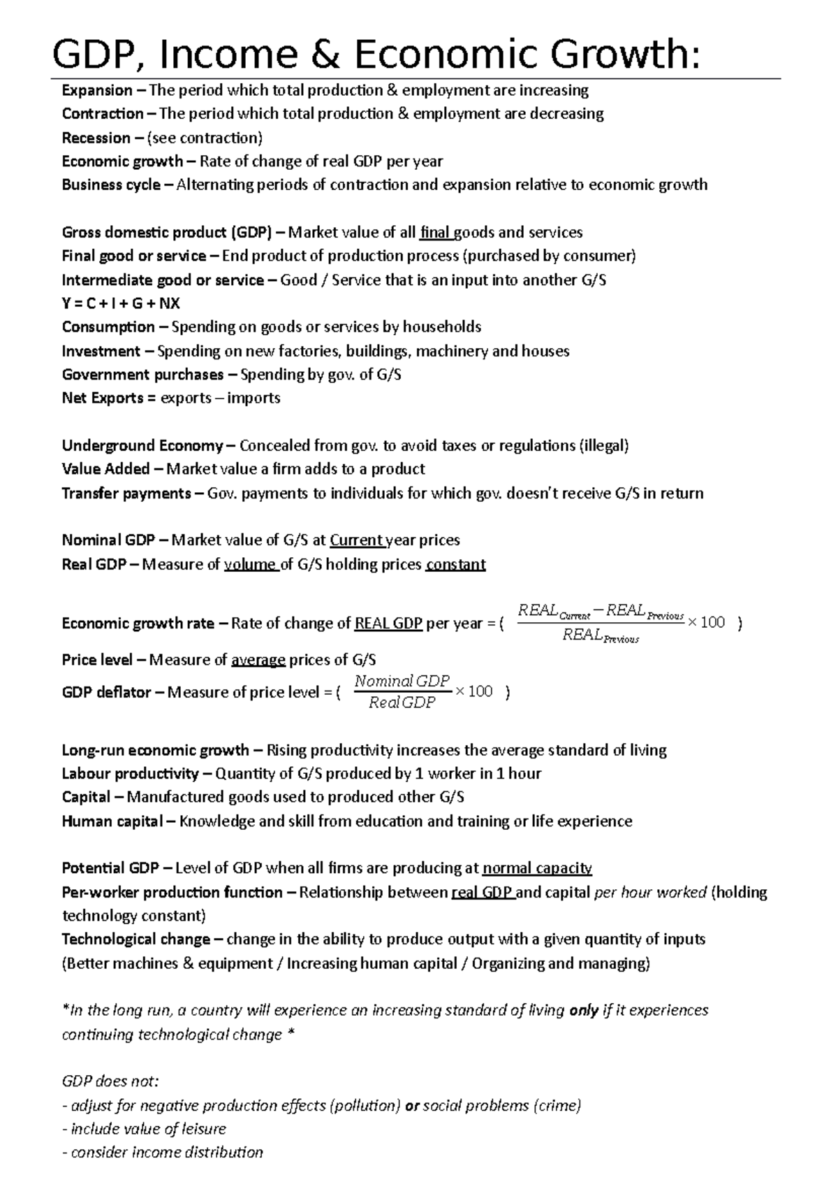 Exam Index - Lecture notes 8-12 - GDP, Income & Economic Growth ...