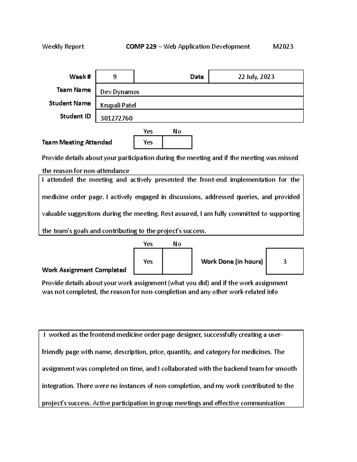 Weekly Report Template - M2023 - Weekly Report COMP 229 – Web Application Development M Week # 9 ...