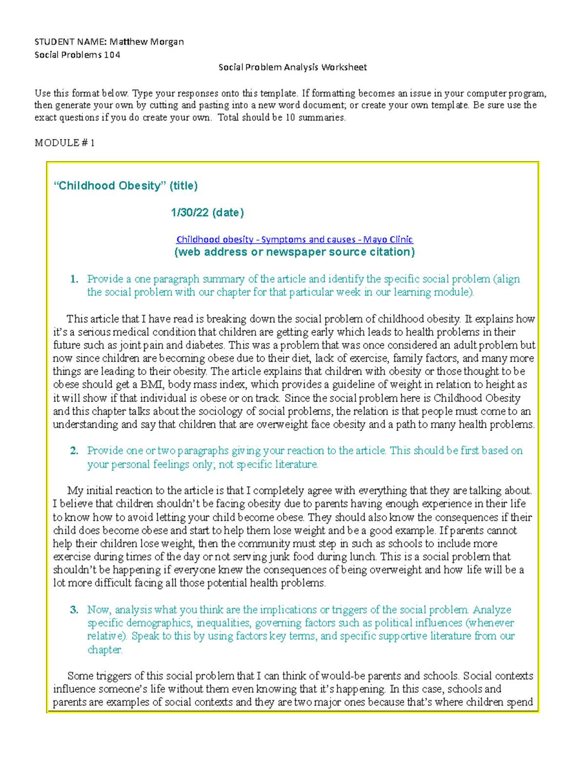 Social Problems Analysis Worksheet - STUDENT NAME: Matthew Morgan ...