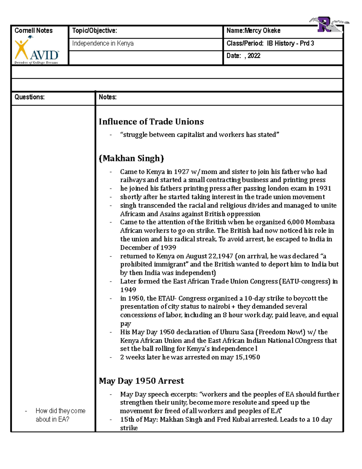 Kenya Notes - Cornell Notes Topic/Objective: Name:Mercy Okeke ...