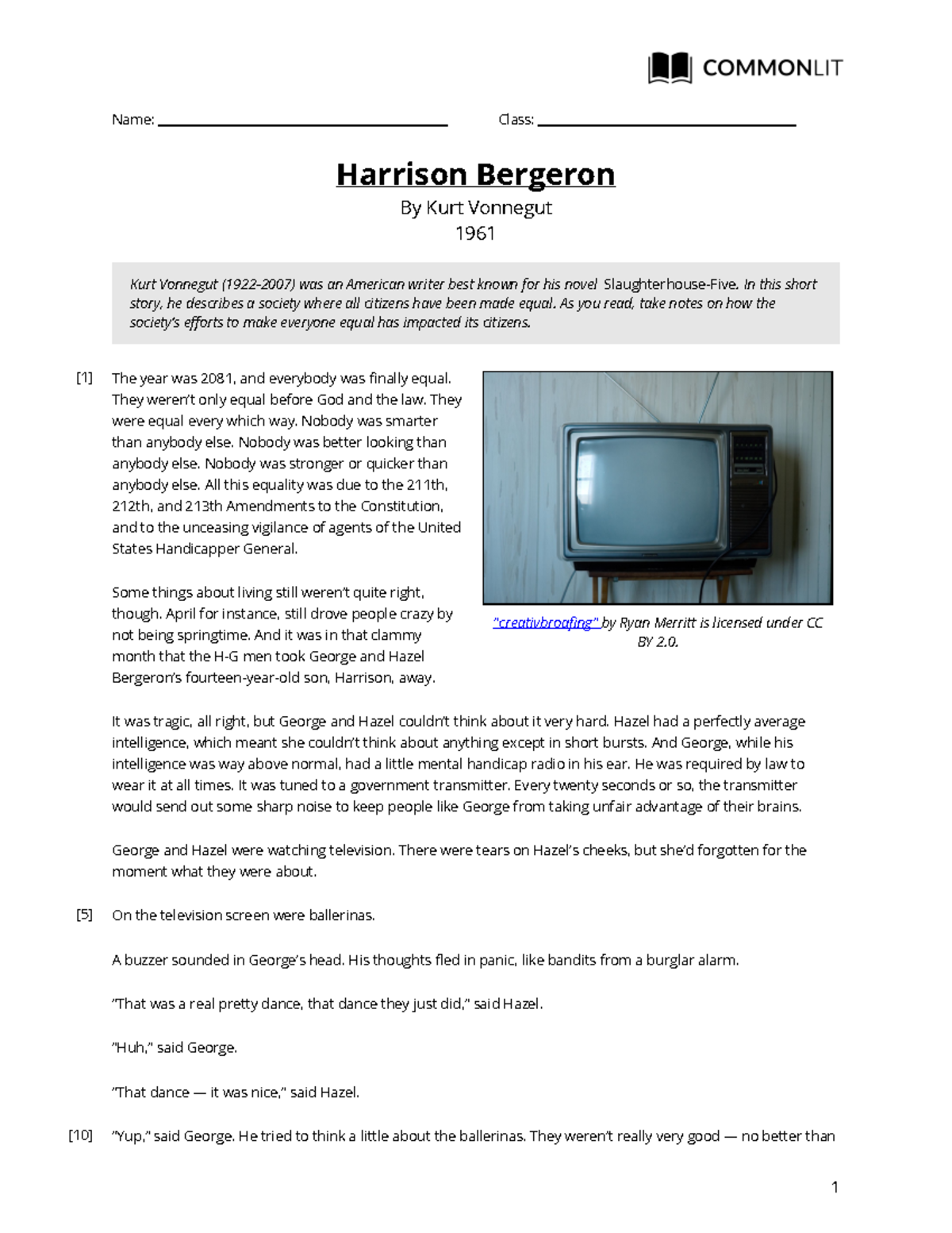 Harrison Bergeron ( English) - Name: Class: "creativbroa@ng" by Ryan ...