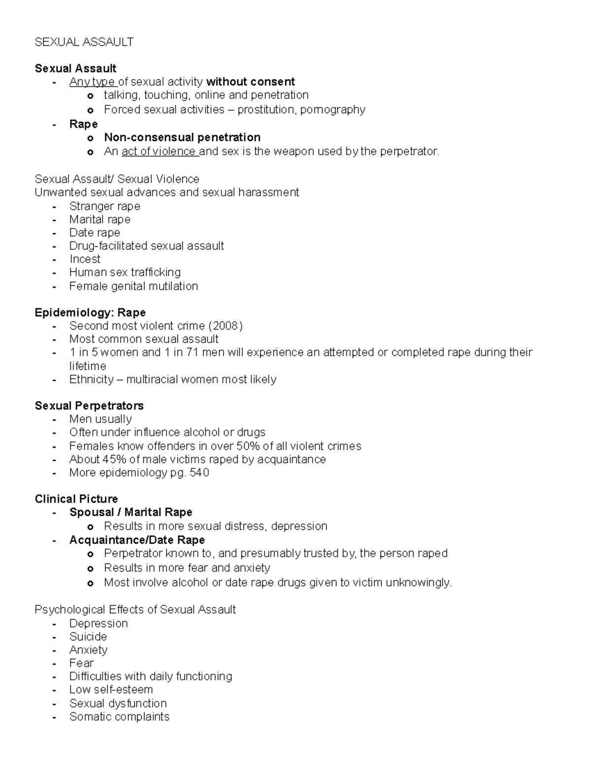 Sexual Assault notes - Sexual Assault - Any type of sexual activity ...