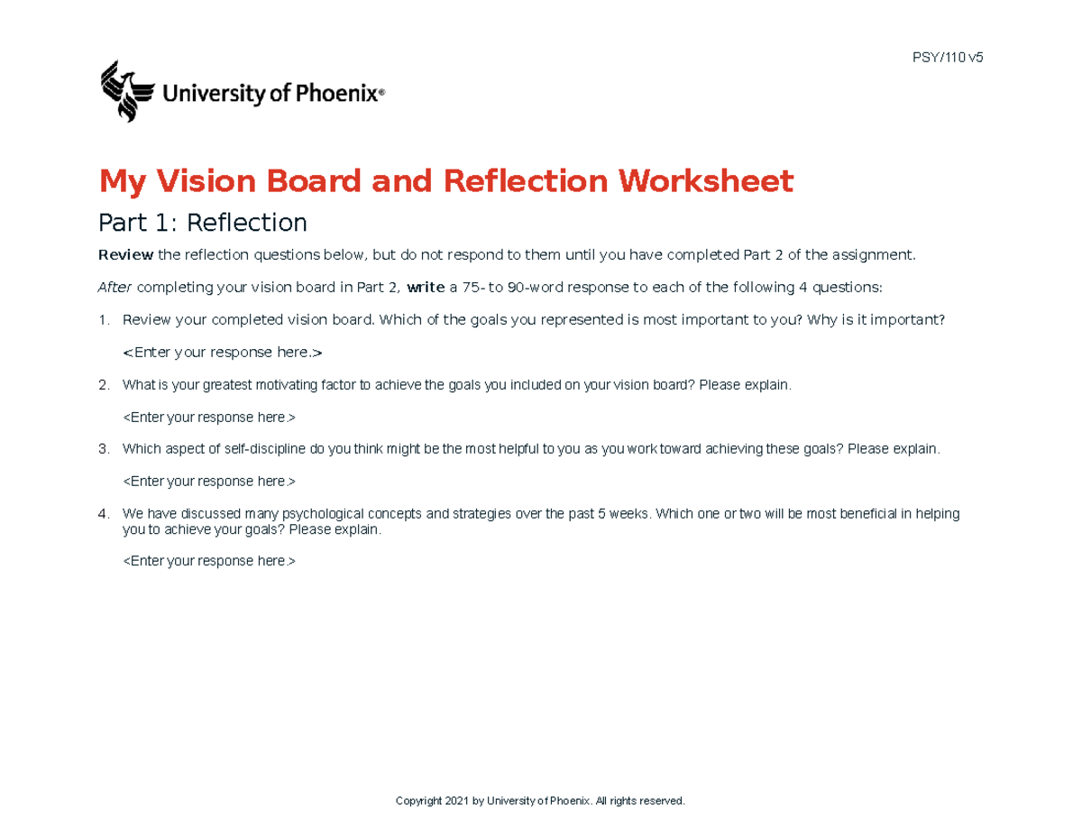 Psy110 v5 wk5 my vision board and reflection worksheet - PSY/110 v My ...
