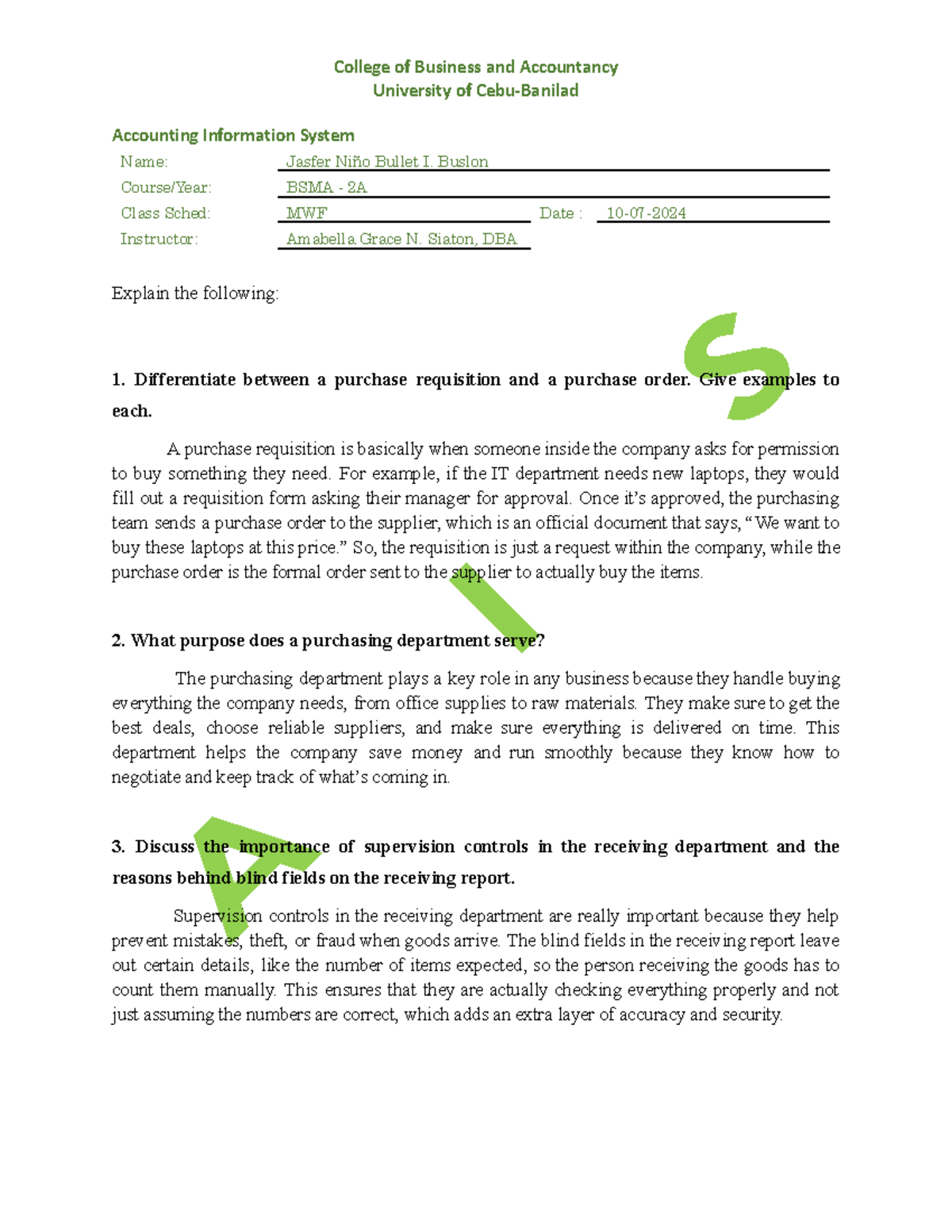 Chapter+5+Seatwork Buslon - A I S College of Business and Accountancy ...