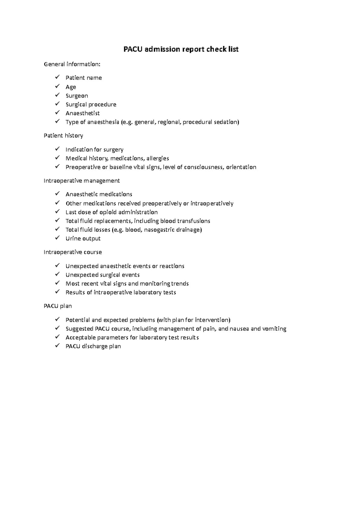 Postoperative - PACU admission report check list General information ...