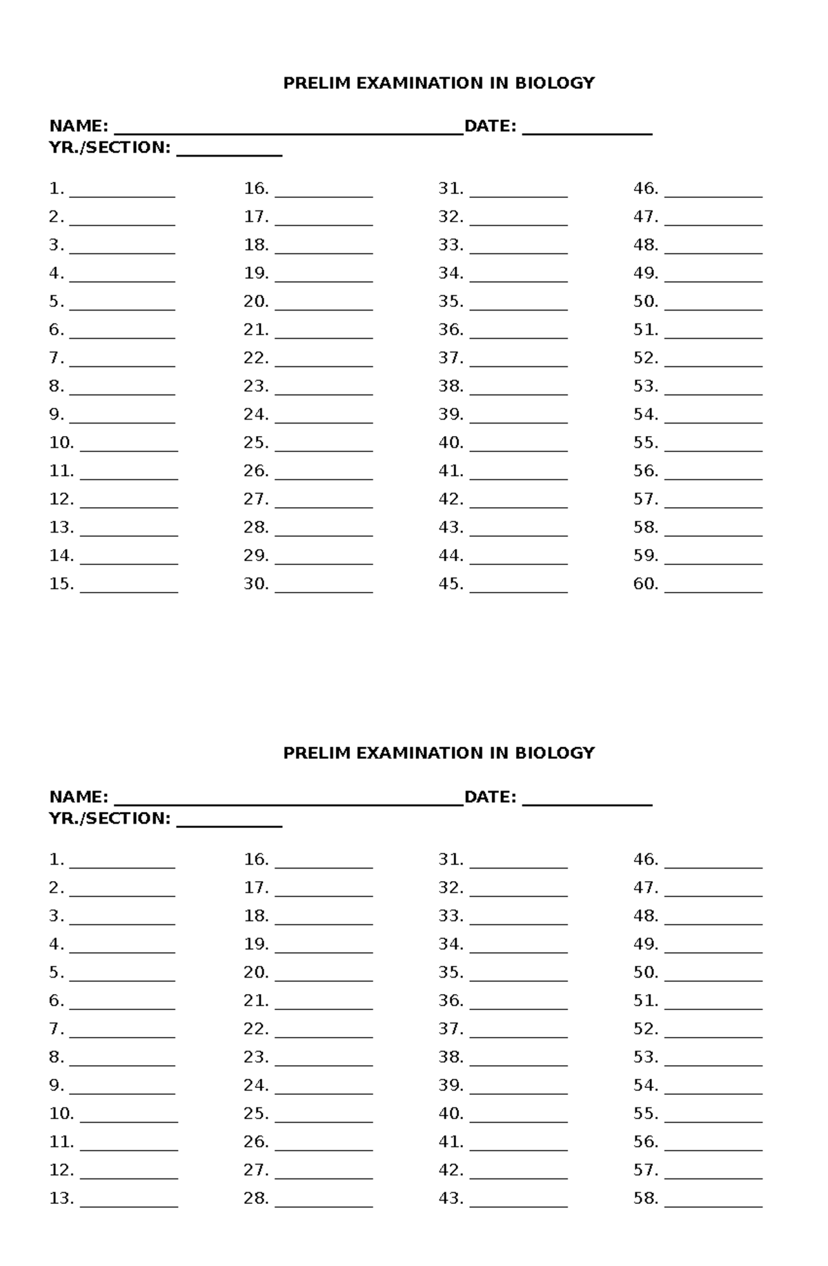 Prelim answer sheet - PRELIM EXAMINATION IN BIOLOGY NAME: - Studocu