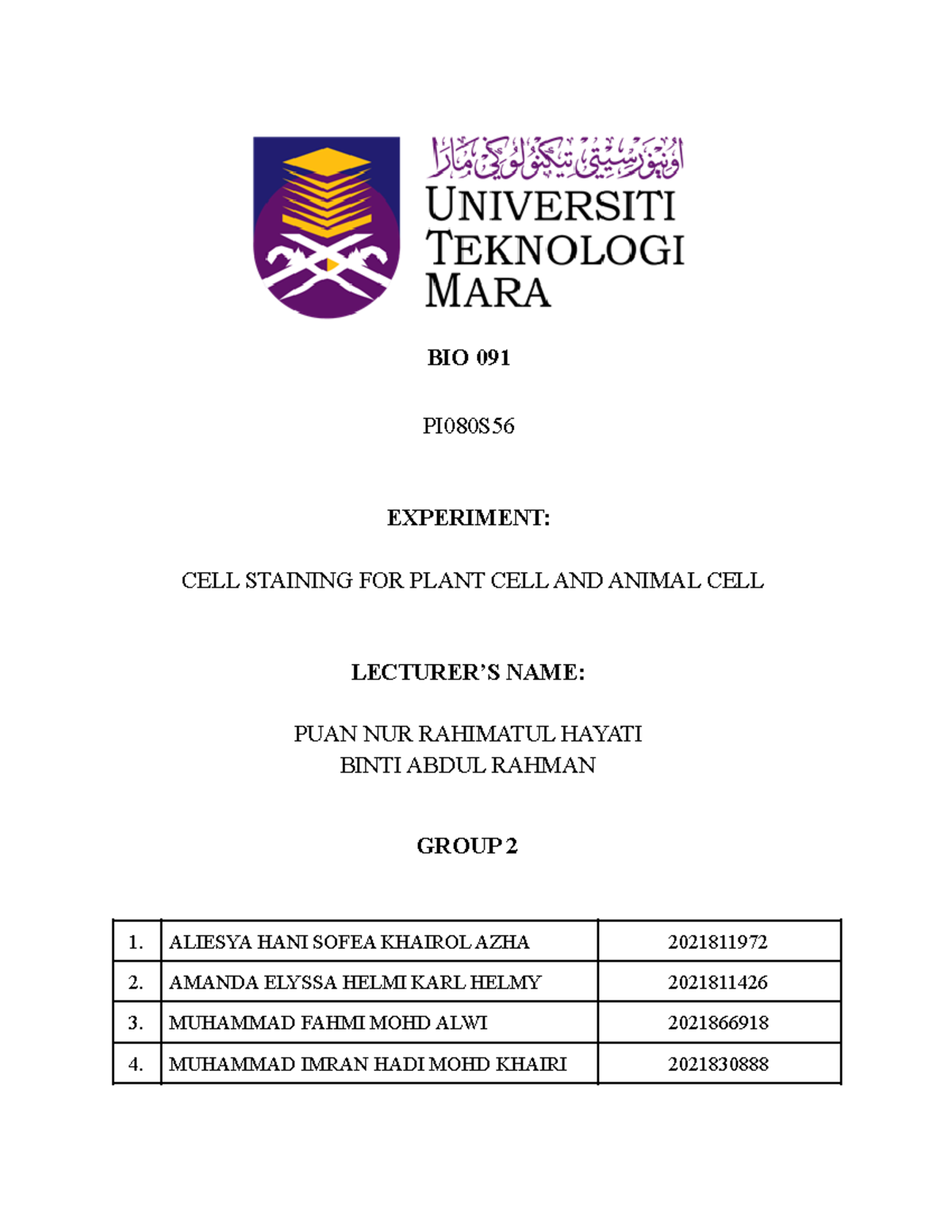 Report BIO Labcell Staining FOR Plant CELL AND Animal CELL - Foundation ...