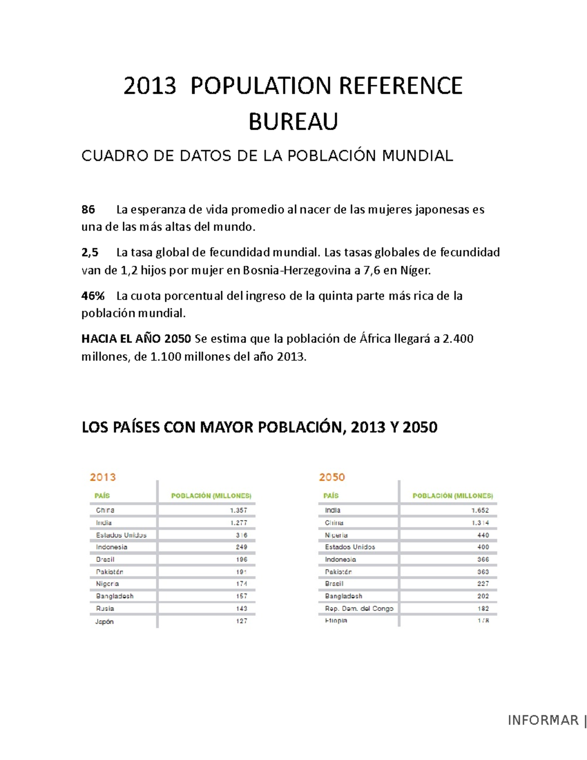 El Cuadro de Datos de la Población Mundial 2013 - INFORMAR | 2013 POPULATION REFERENCE BUREAU ...