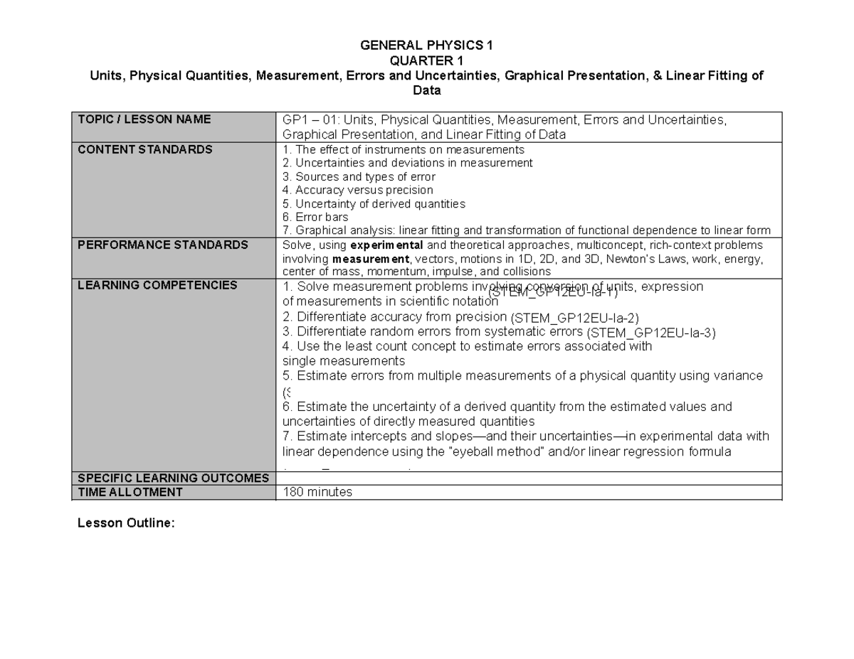 Pdfcoffee - general physics 1 - GENERAL PHYSICS 1 QUARTER 1 Units, Physical Quantities ...