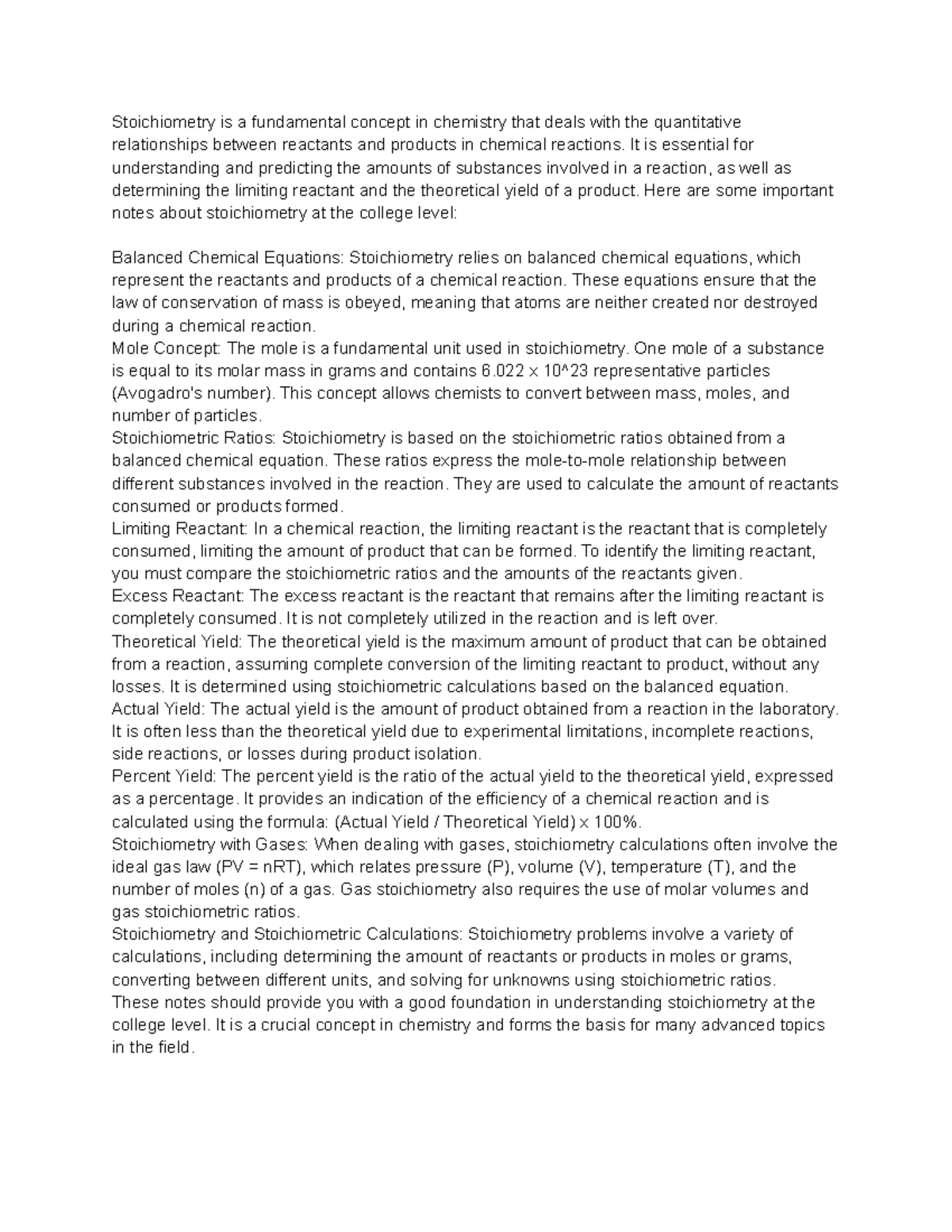 stoichiometry notes - Stoichiometry is a fundamental concept in ...