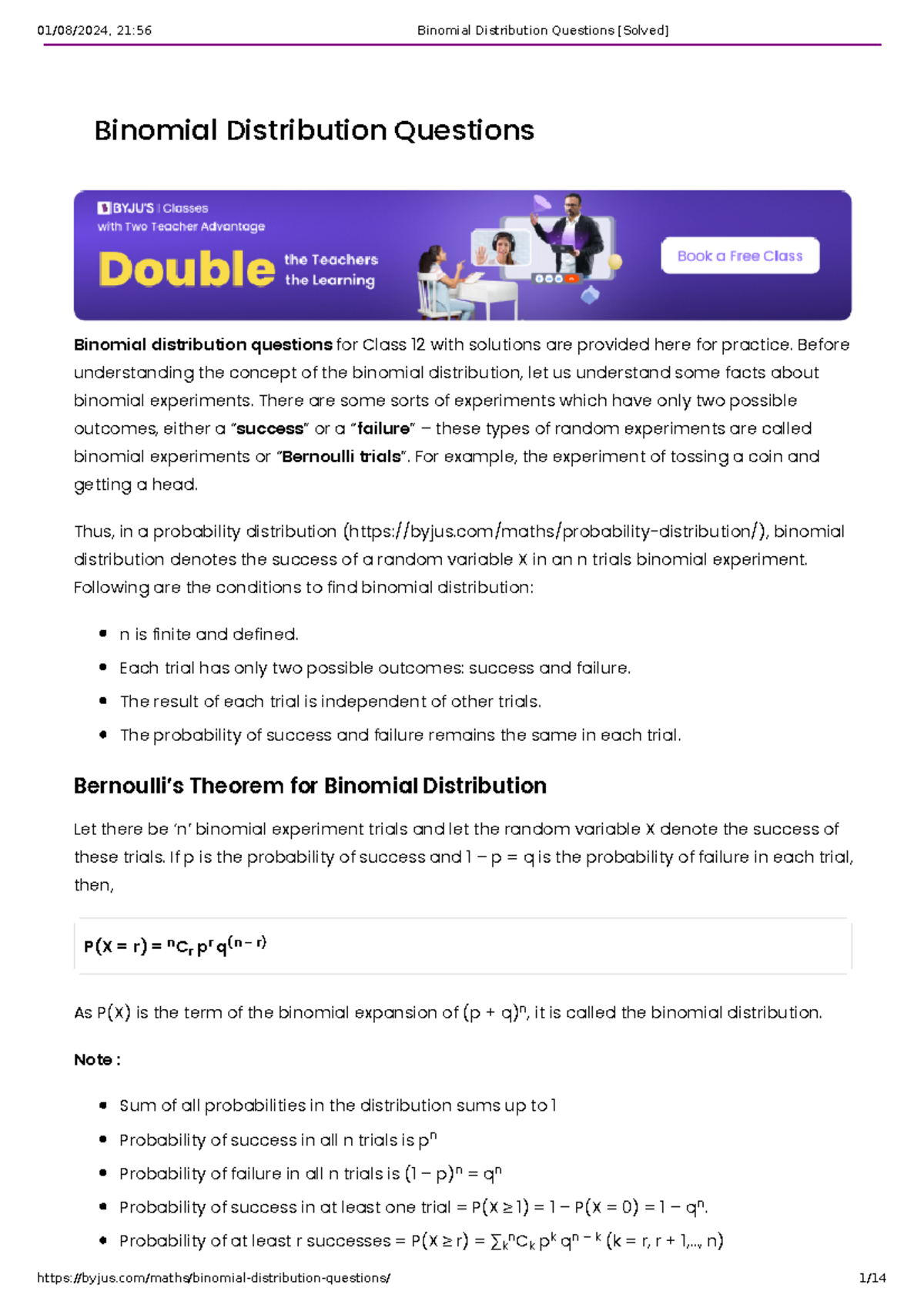 Binomial Distribution Questions [Solved] - Binomial Distribution ...