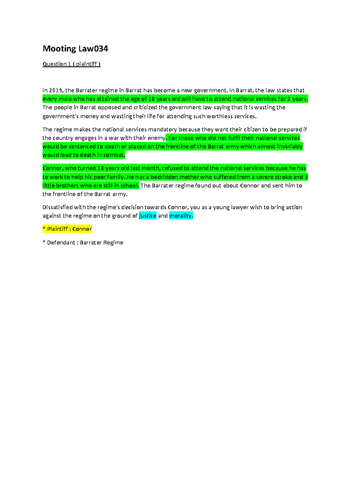 Script Mooting 034 - Mooting Law Question 1 ( plaintiff ) In 2019, the ...