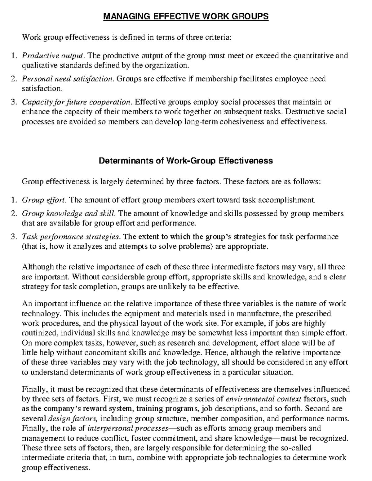 Managing Effective Work Groups - MANAGING EFFECTIVE WORK GROUPS Work ...