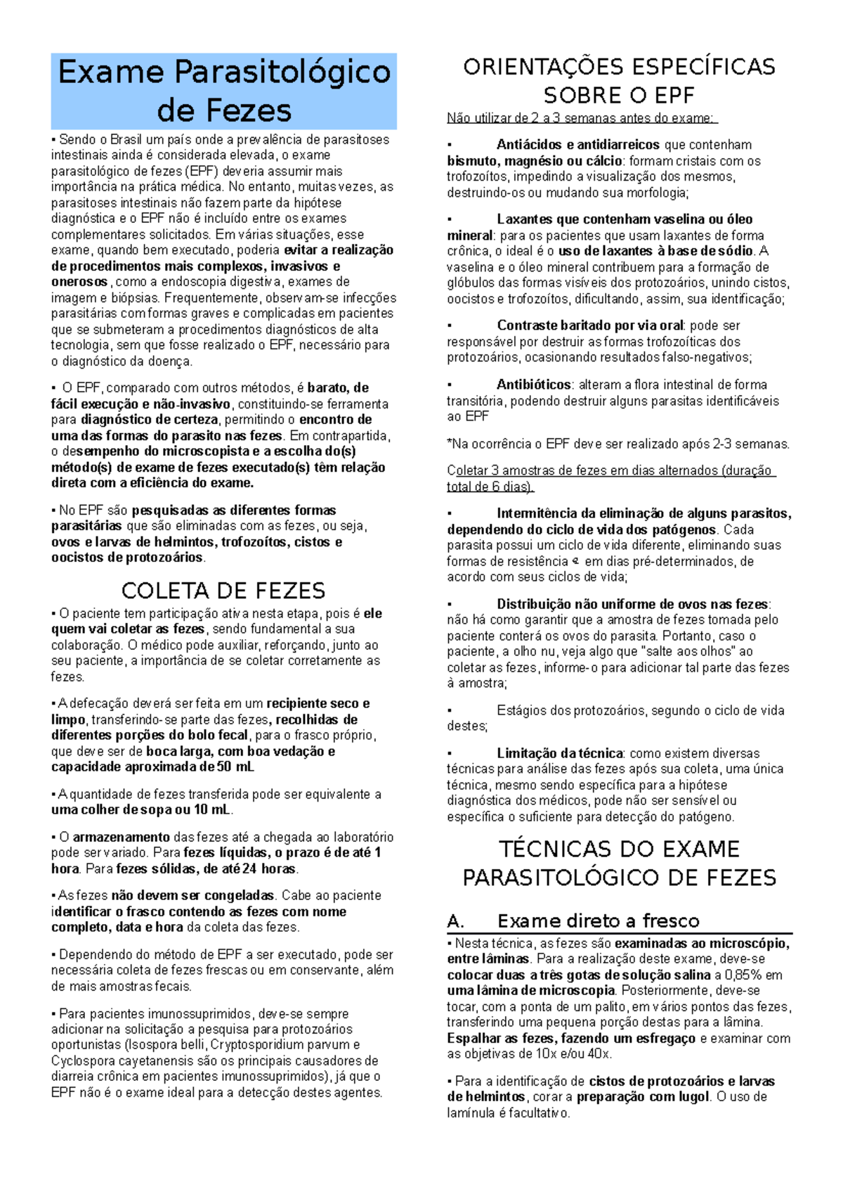 Exame Parasitológico de Fezes - Exame Parasitológico de Fezes Sendo o ...