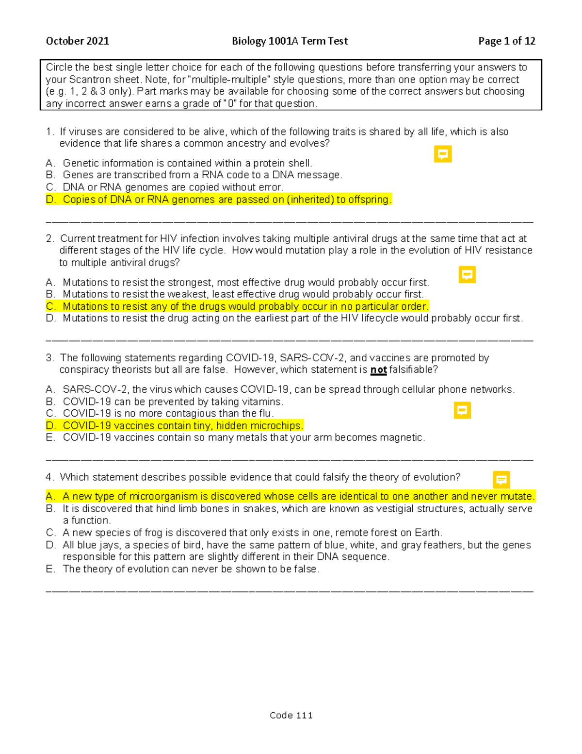 1001A+Oct+Test+Feedback+2021 - Circle the best single letter choice for ...