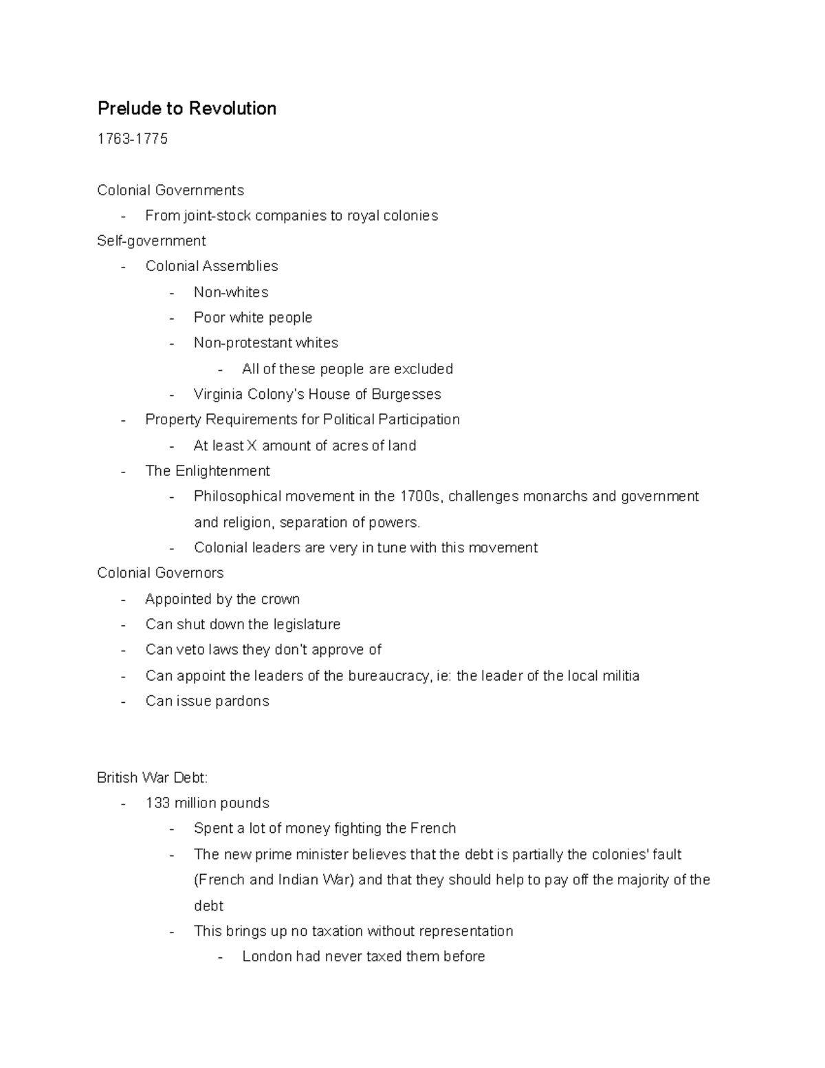 HST 142 Notes Part 2 - Prelude to Revolution 1763- Colonial Governments ...