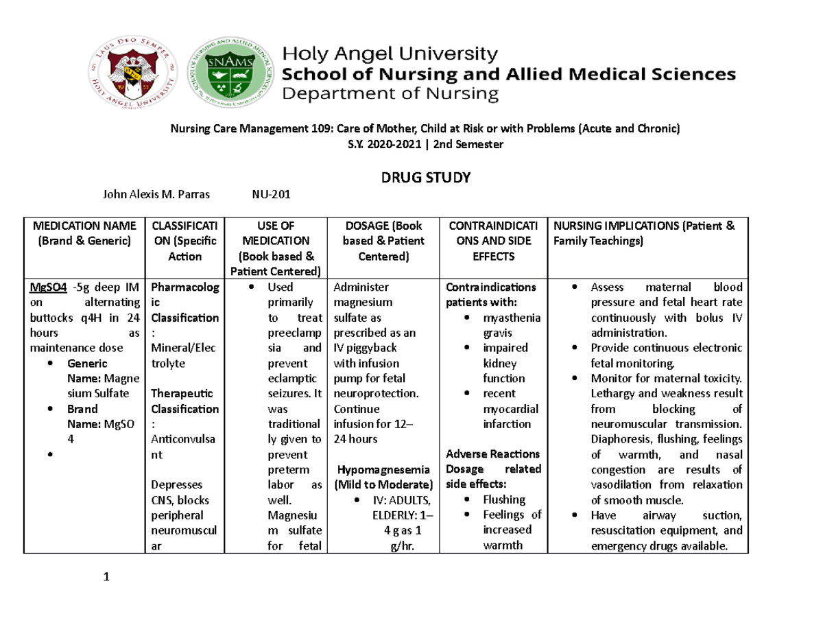 DRUG Study Format-1 - Ncm pharmacology is important aspect of nursing ...