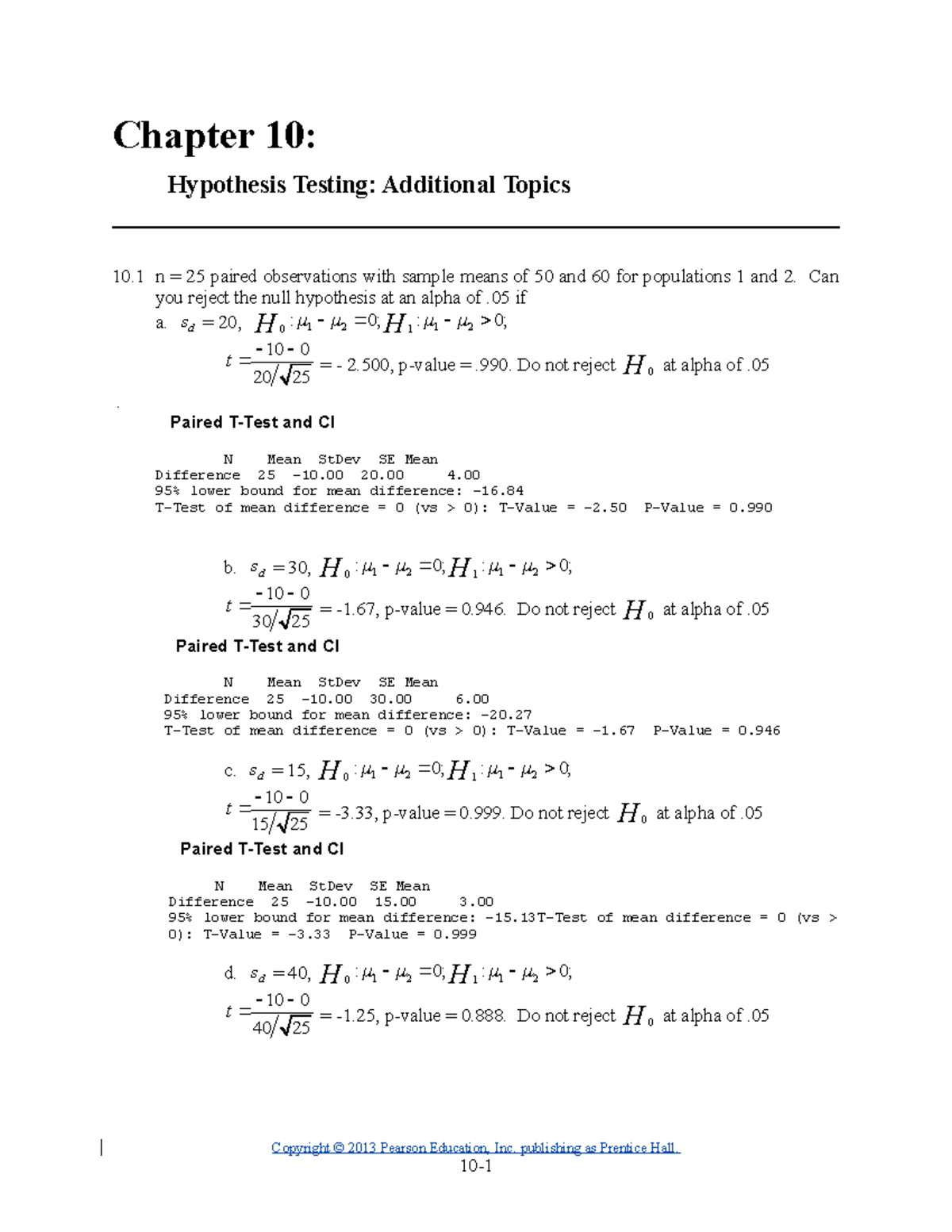 Chapter 10 Textbook Answers - Chapter 10: Hypothesis Testing ...