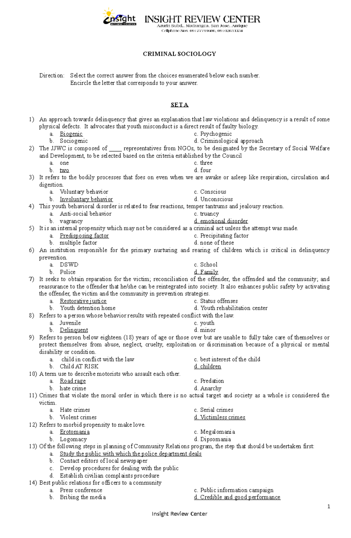 Insight 2017 - CSOC (200 items) - CRIMINAL SOCIOLOGY Direction: Select ...