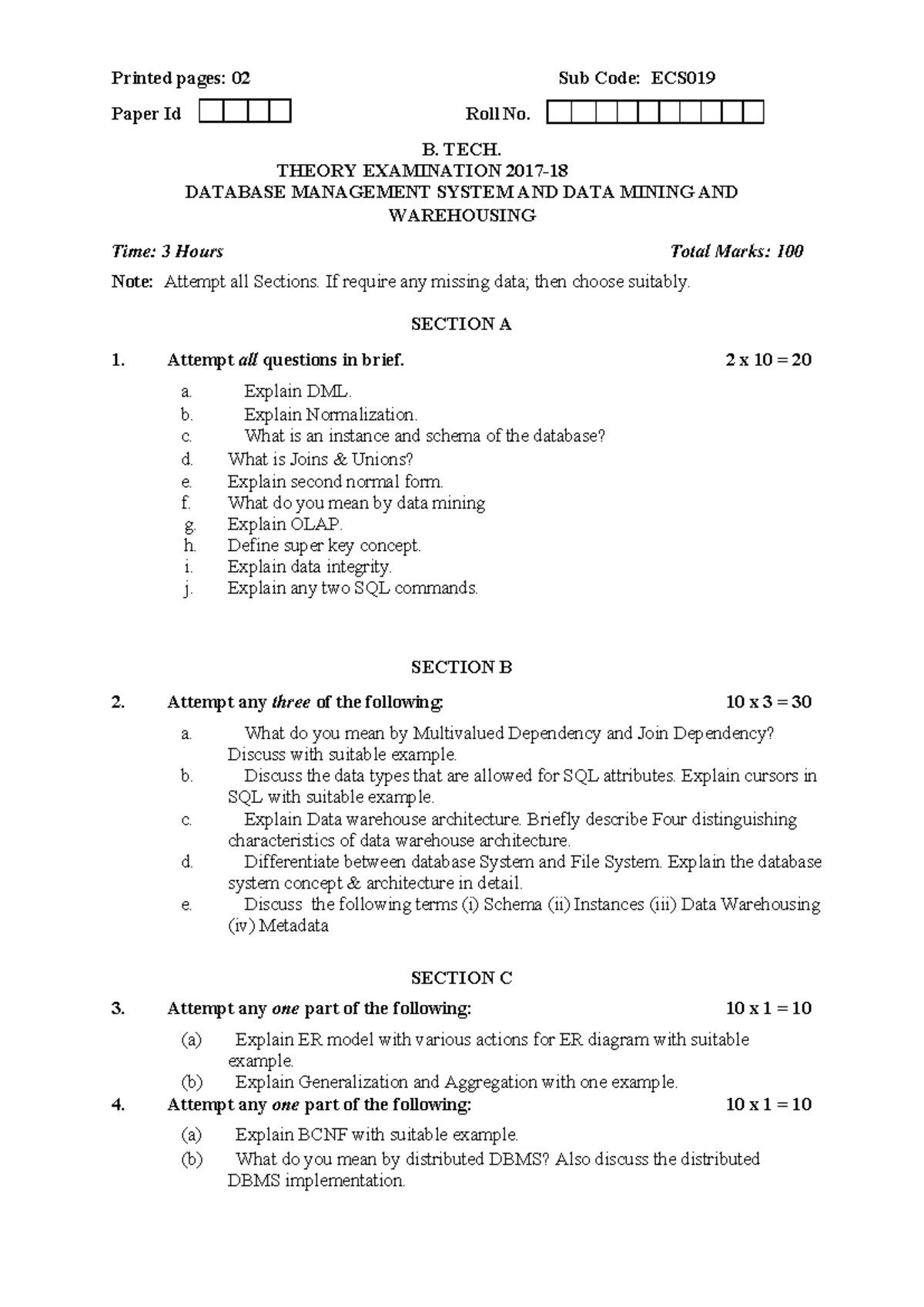 (2017-18) DWDM (ECS-019) - Printed pages: 02 Sub Code: ECS Paper Id ...