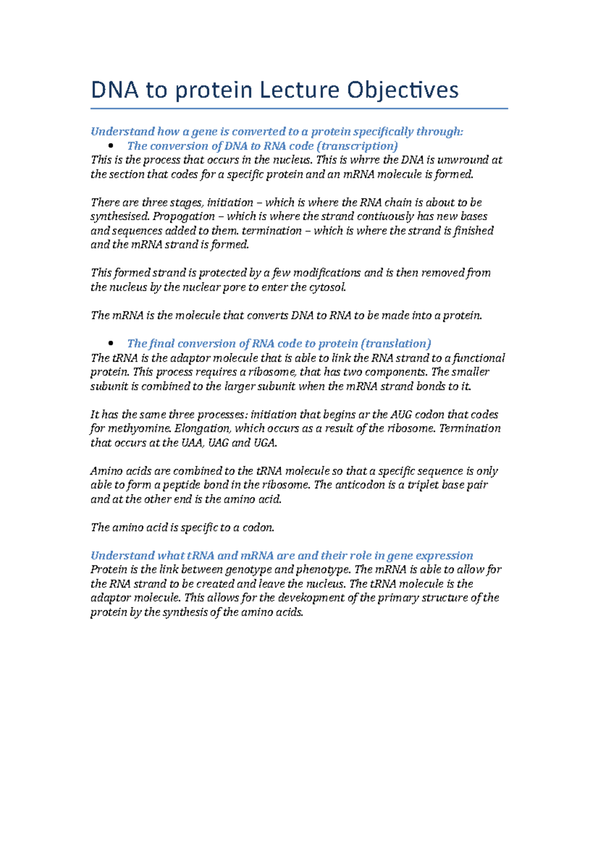 DNA to protein Lecture Objectives - DNA to protein Lecture Objectives ...