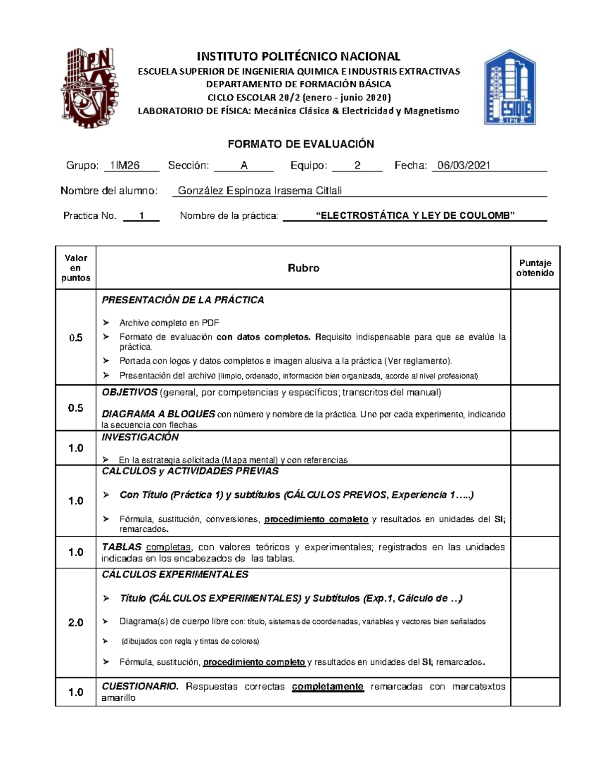 Practica 1 Electricidad y magnetismo - INSTITUTO POLITÉCNICO NACIONAL ESCUELA SUPERIOR DE ...
