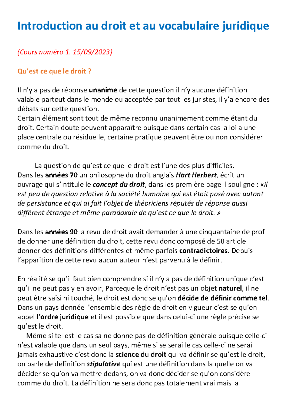 Introduction au droit et au vocabulaire juridique - 15/09/2023) Qu’est ce que le droit? Il n’y a ...