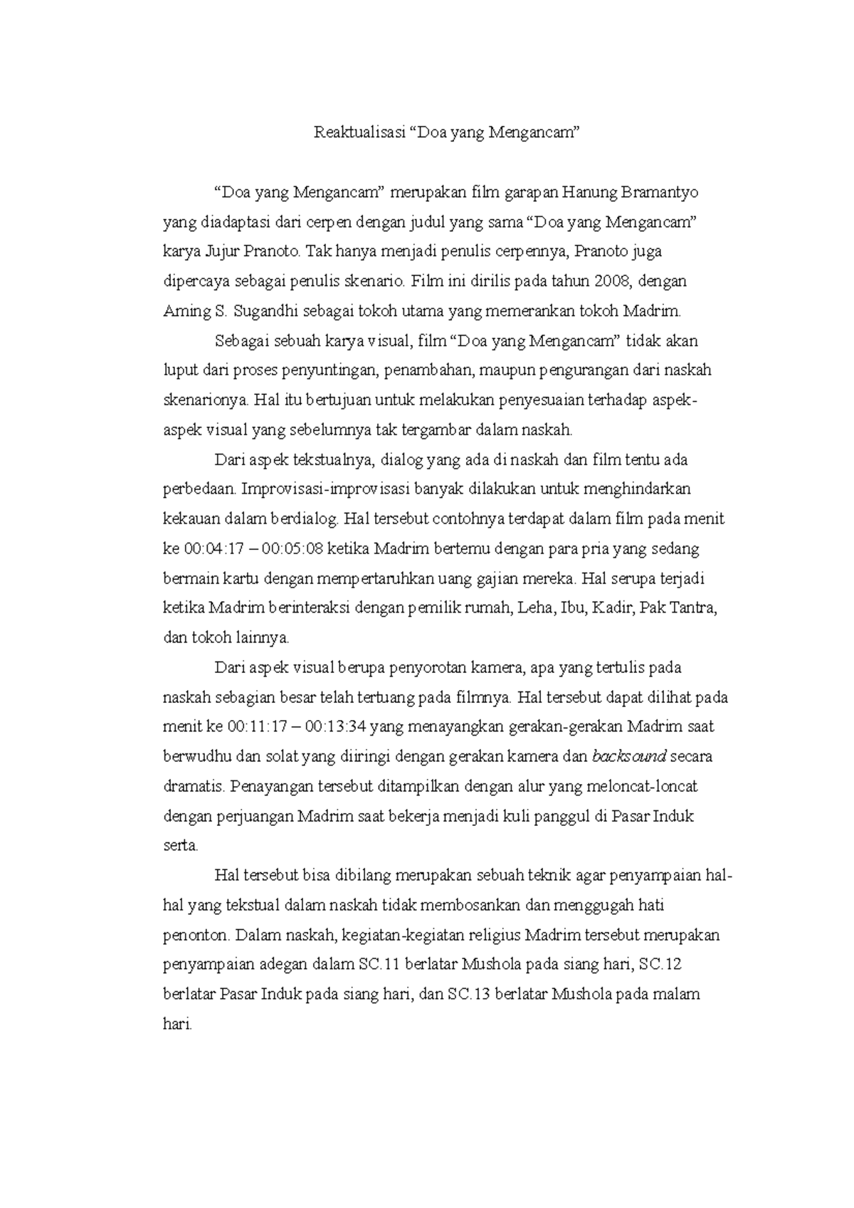 Essay - Ekranisasi - Reaktualisasi Doa yang Mengancam - Reaktualisasi ...