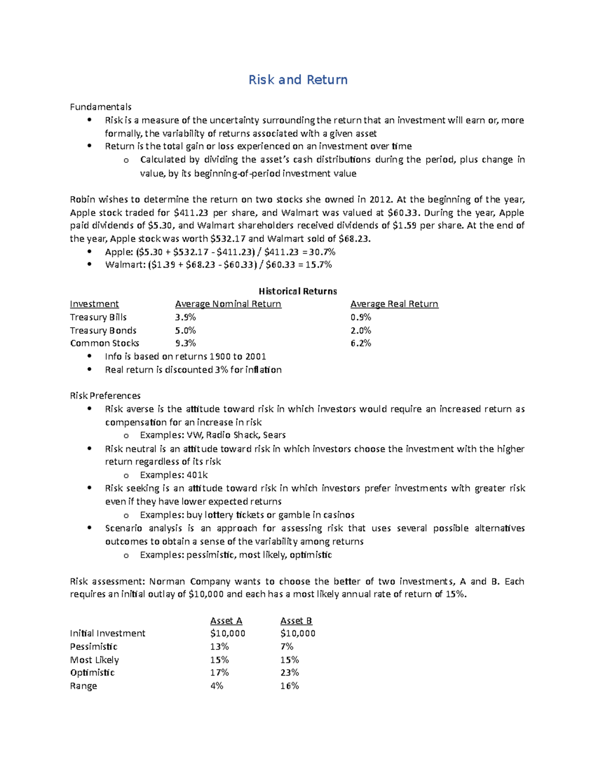 Risk and Return - Risk and Return Fundamentals Risk is a measure of the uncertainty surrounding ...