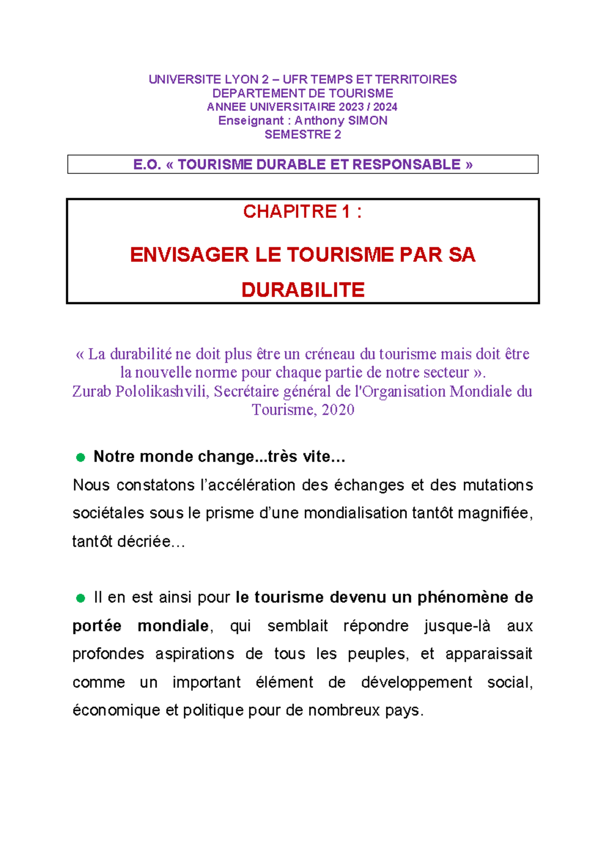 EO Tourisme durable - Chapitre 1 Envisager le tourisme par sa ...