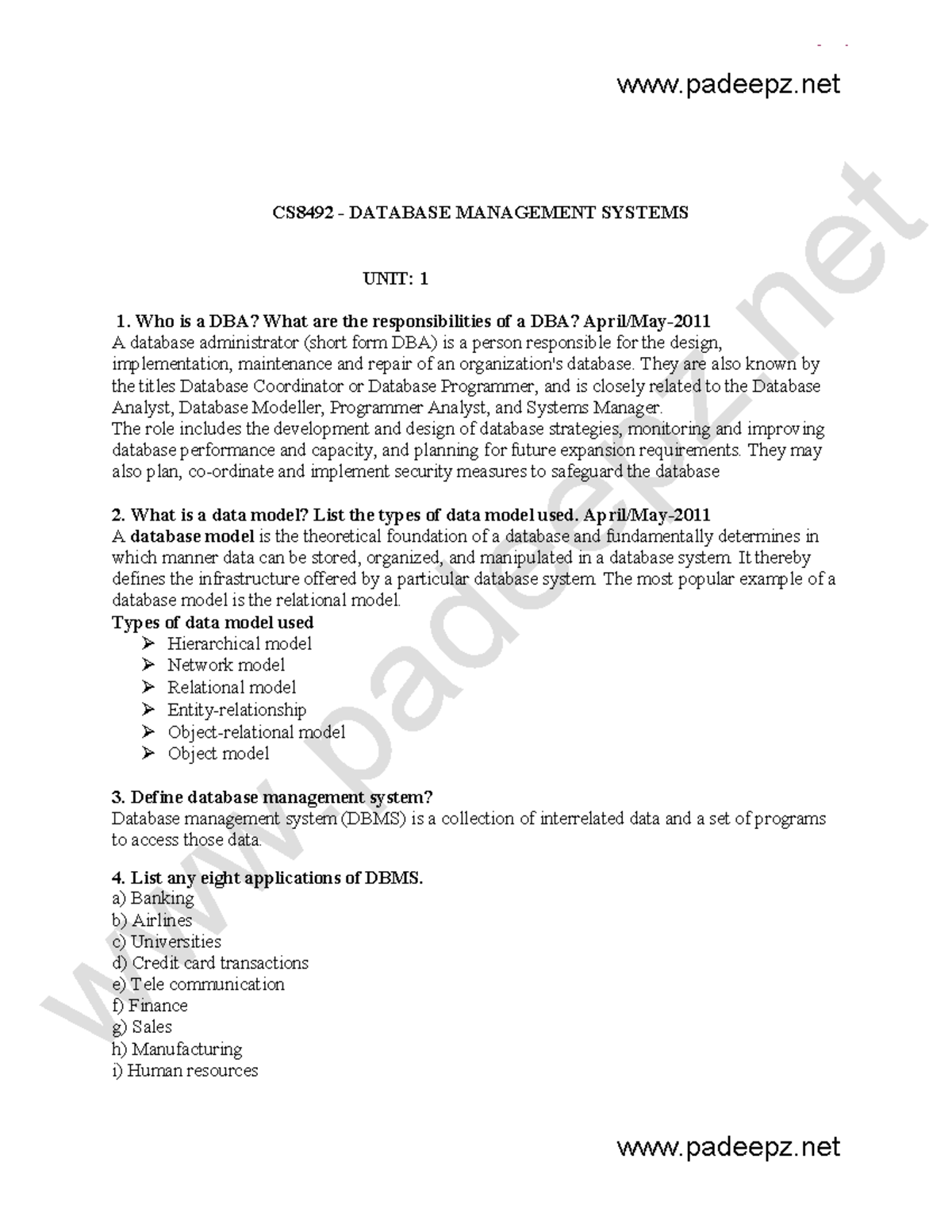 CS8492 iq - CS8492 - DATABASE MANAGEMENT SYSTEMS UNIT: 1 List any eight applications of DBMS. a ...