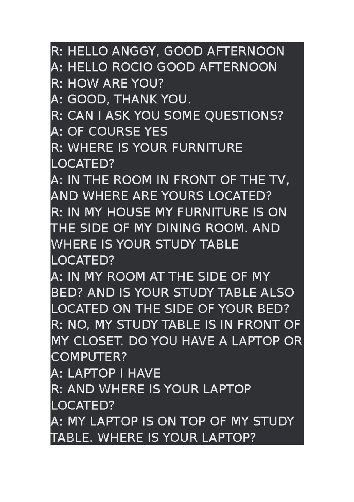 Dialogo Ingles - diálogo en pareja - R: HELLO ANGGY, GOOD AFTERNOON A ...