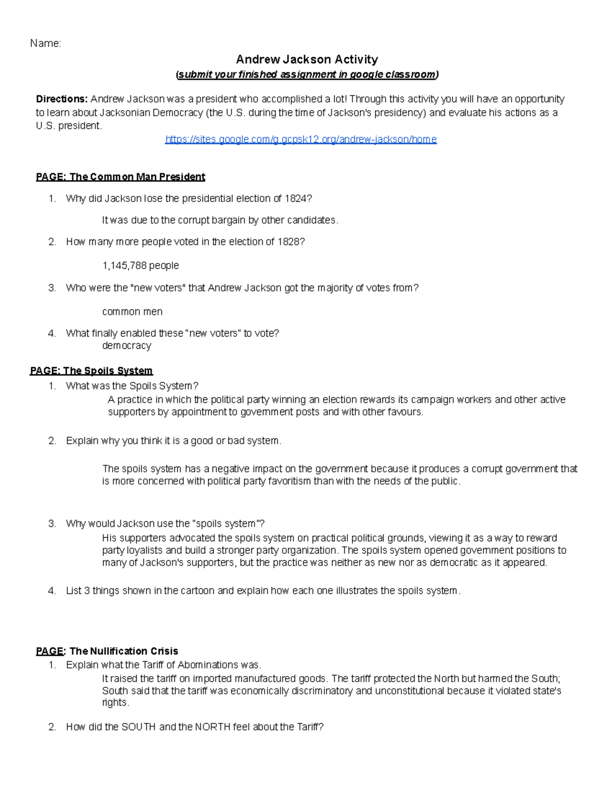 Andrew Jackson Activity Guide - Name: Andrew Jackson Activity (submit ...