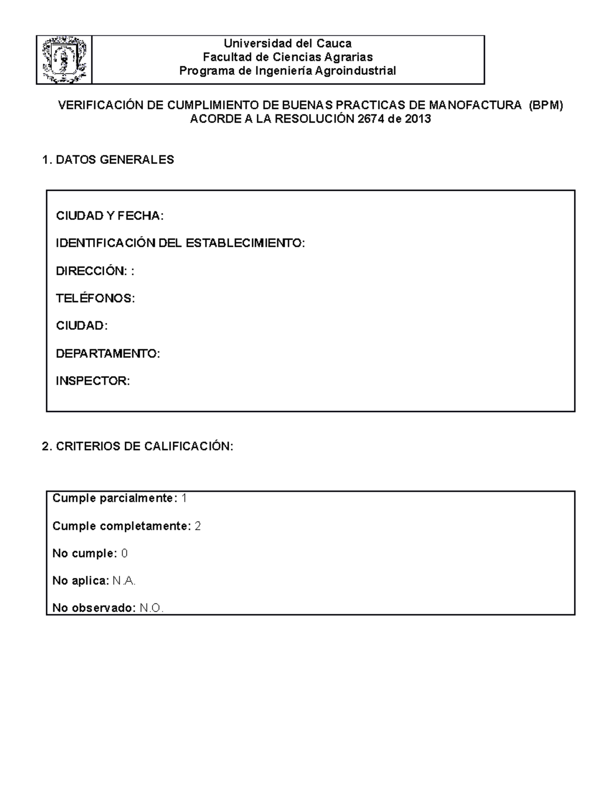 Check List BPM - FORMATO REALIZADO DE ACUERDO A LA NORMA DE BPM ...