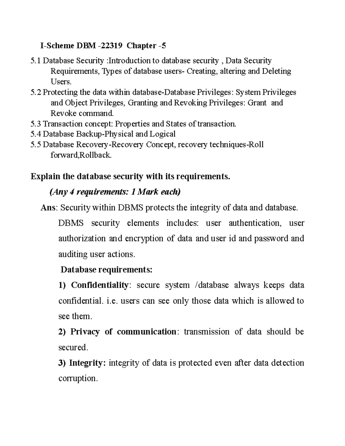 Dbms chapter 5 - basically it is a paper with solution - I-Scheme DBM -22319 Chapter - 5 ...