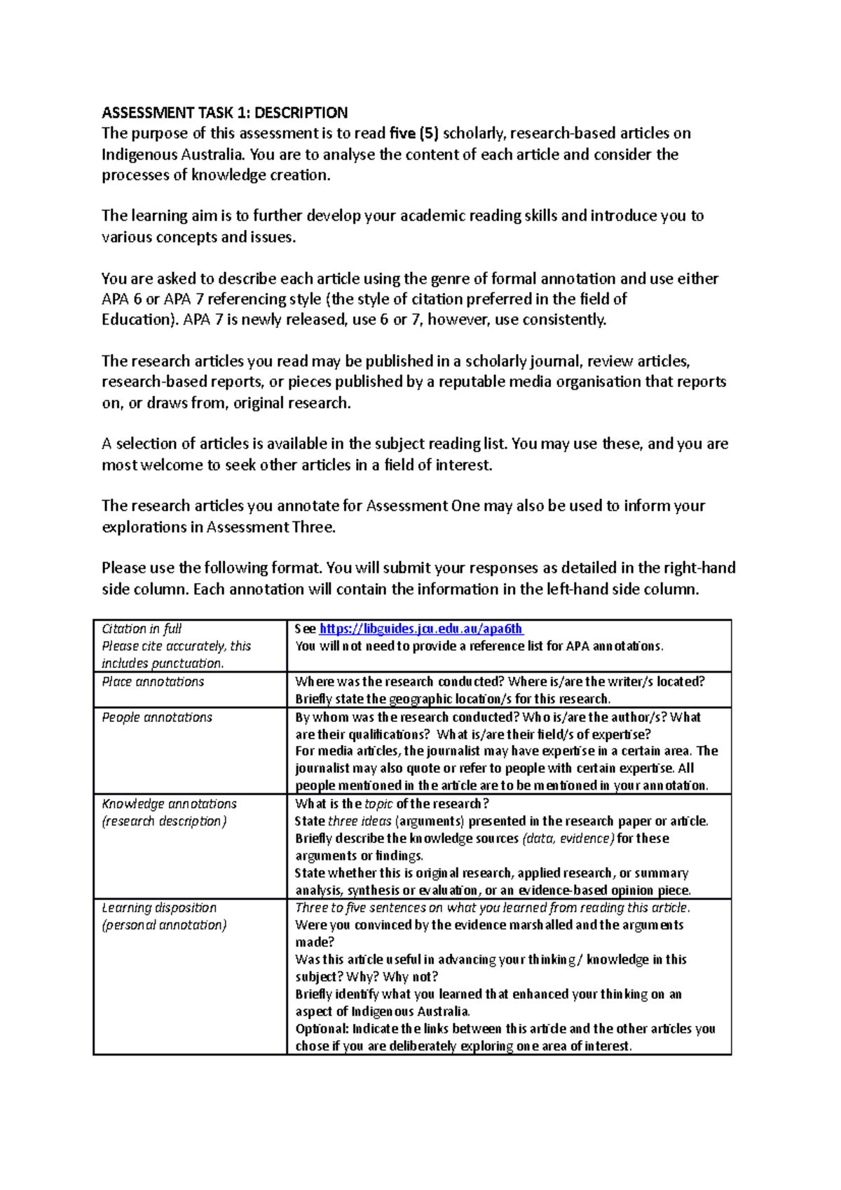 Indigenous Australians Assessment description - ASSESSMENT TASK 1 ...