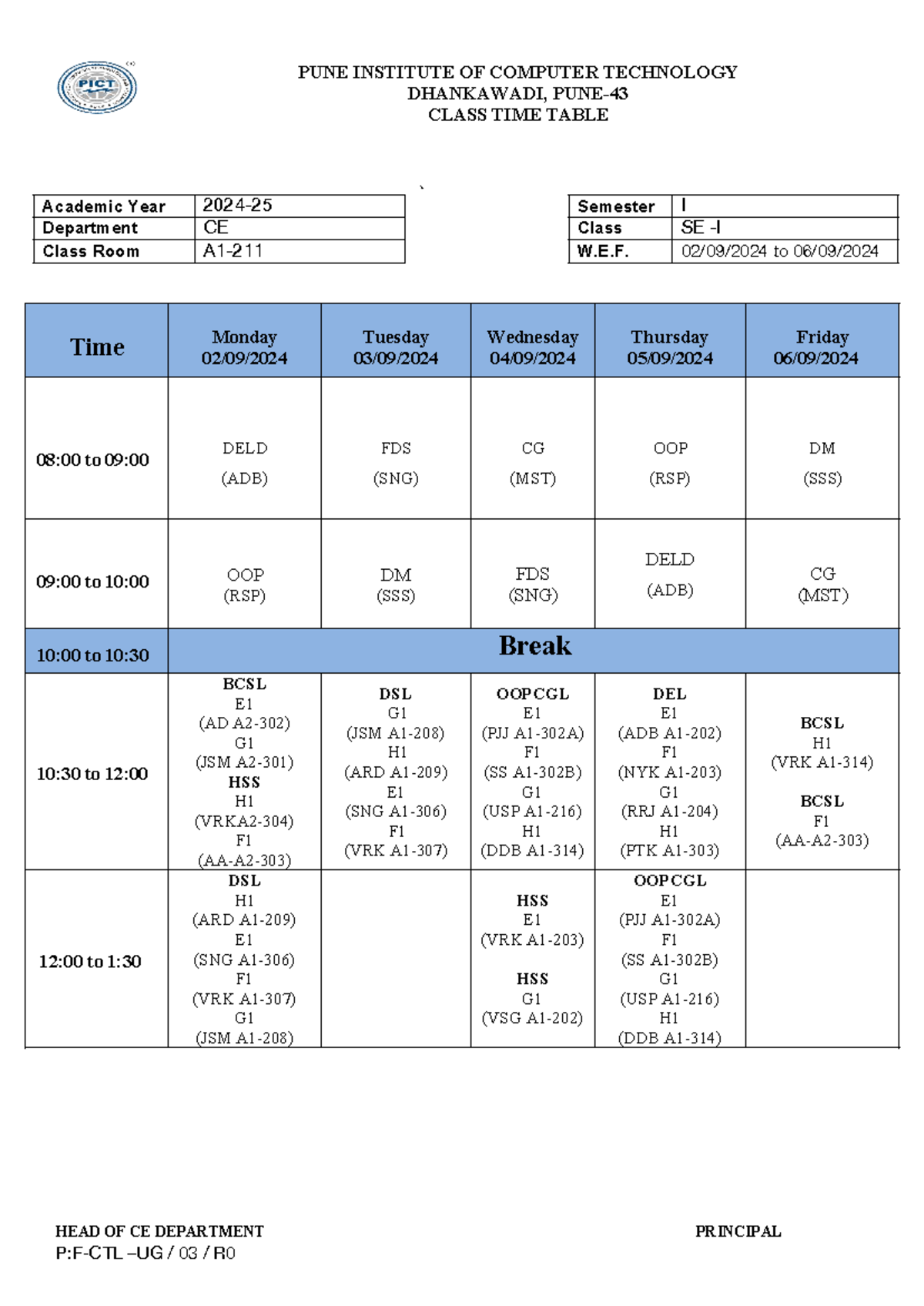 SE class TT wef 2 sep - Time table - HEAD OF CE DEPARTMENT PRINCIPAL ...