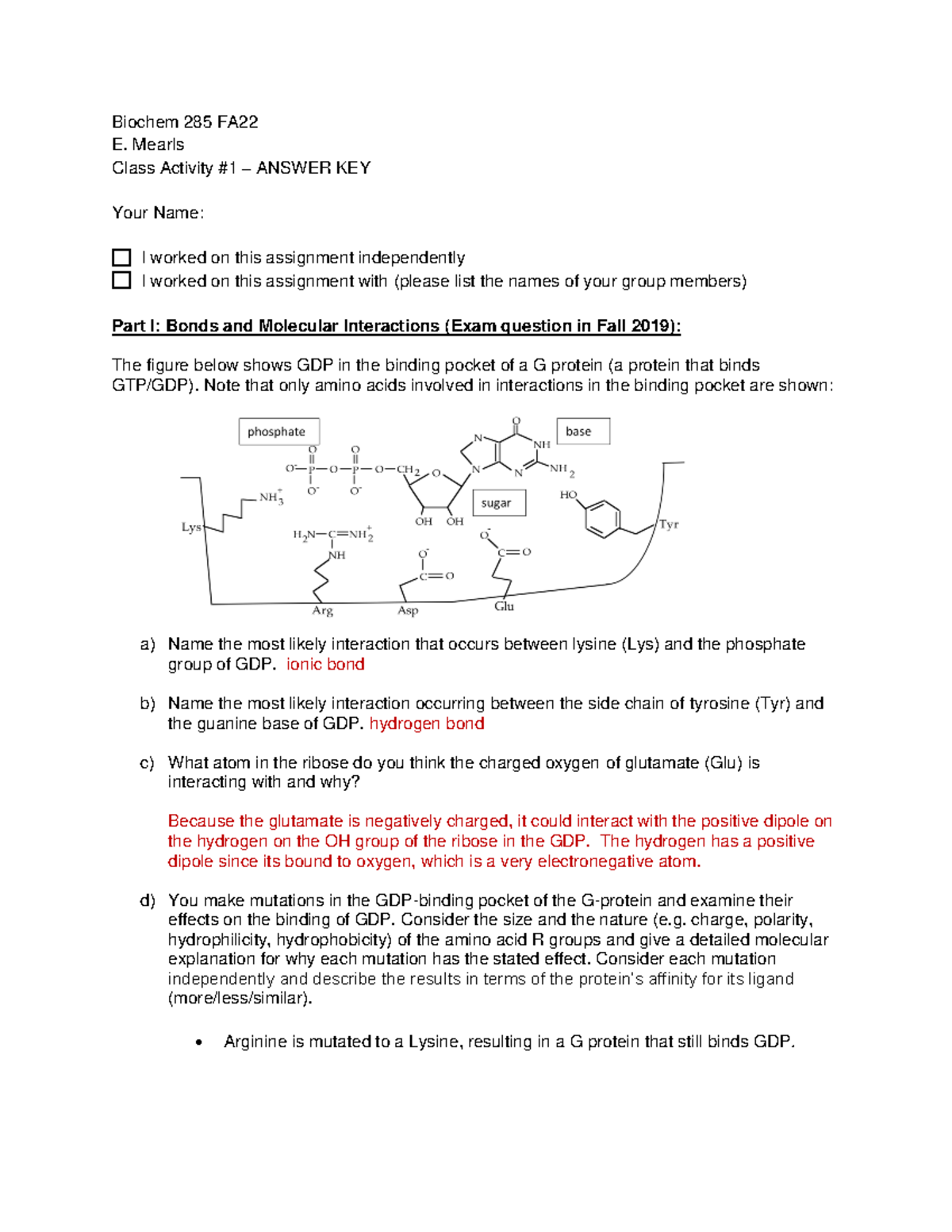 Class Activity #1 FA22 Answer KEY - Biochem 285 FA E. Mearls Class ...