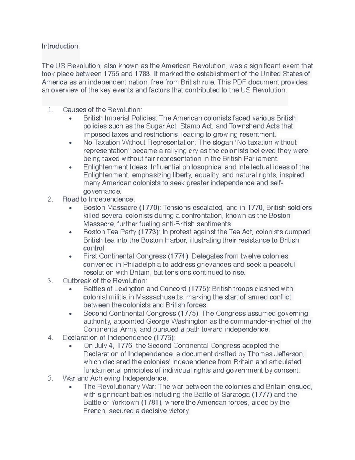 Summary of US Revolution - Introduction: The US Revolution, also known ...