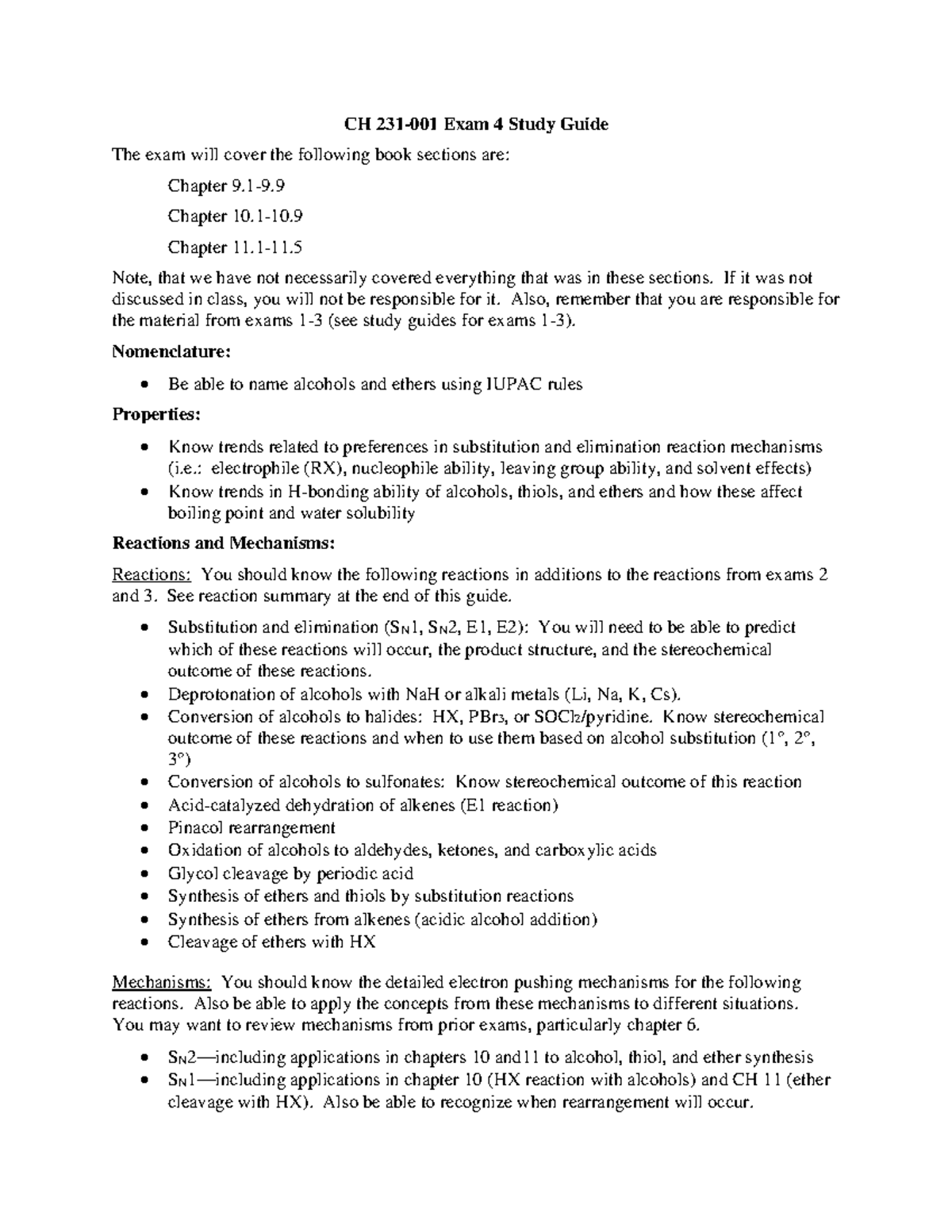 CH231-ex4-studyguide - CH 231-001 Exam 4 Study Guide The exam will ...